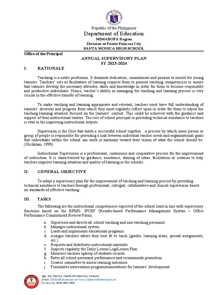 Annual Supervisory Plan Sy 2022-2023 | PDF