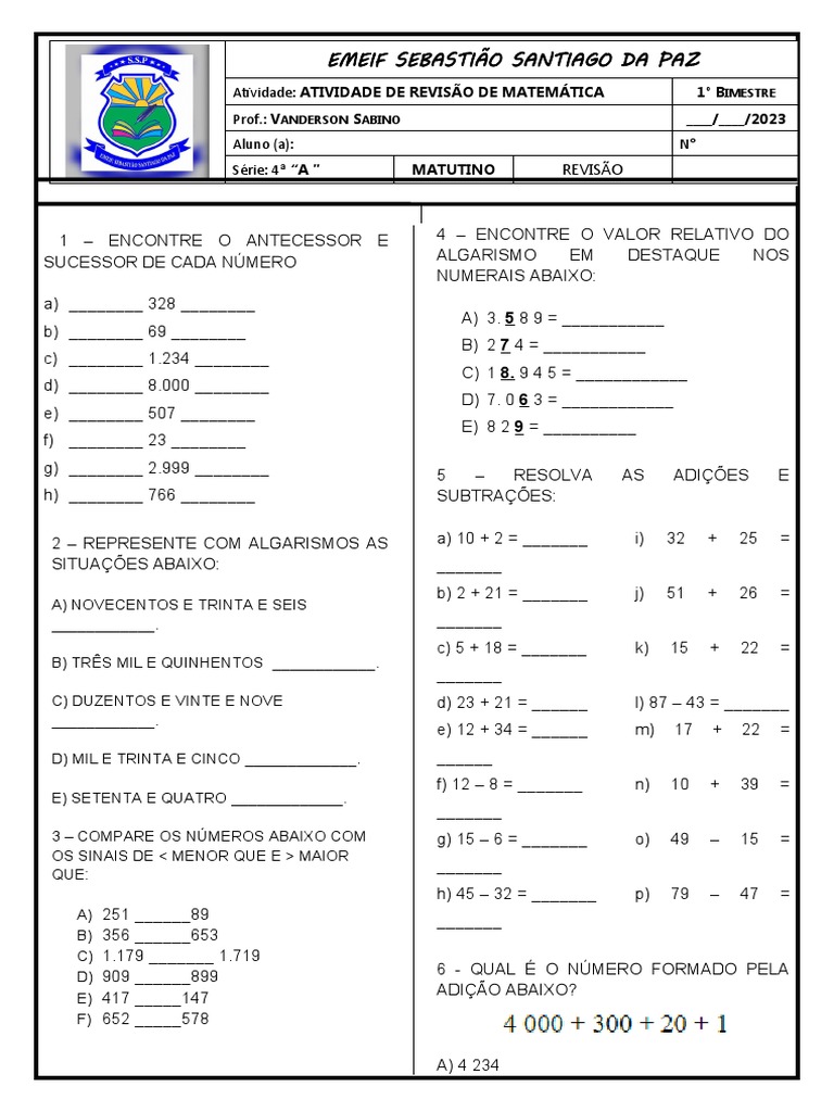 Atividade de Revisão - 4º Ano | PDF