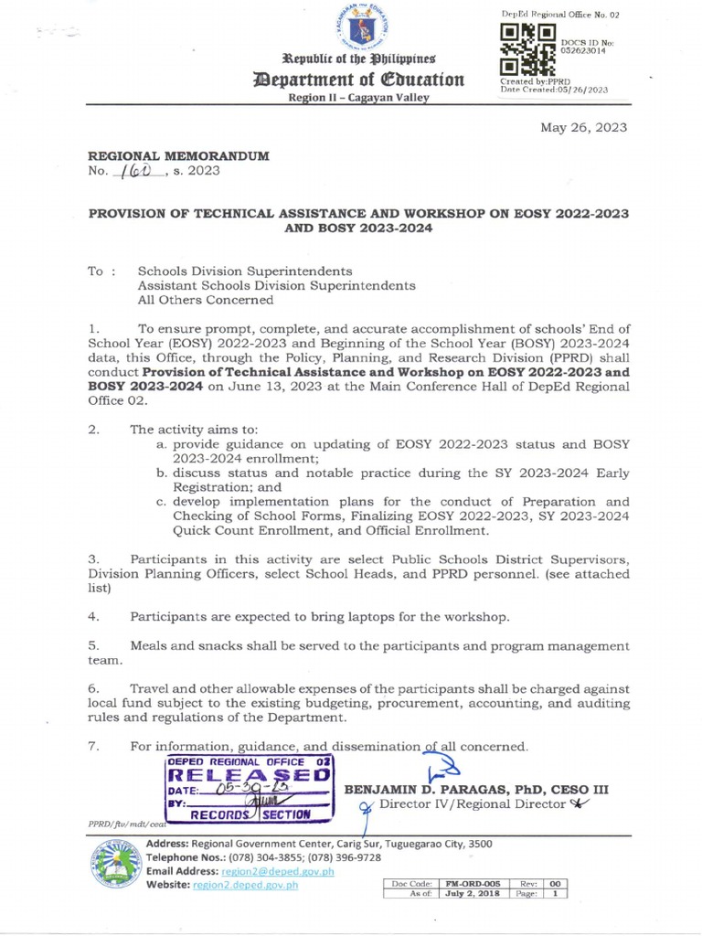 RM. NO. 160 S. 2023 PROVISION OF TECHNICAL ASSISTANCE AND WORKSHOP ON EOSY 2022 2023 AND BOSY ...