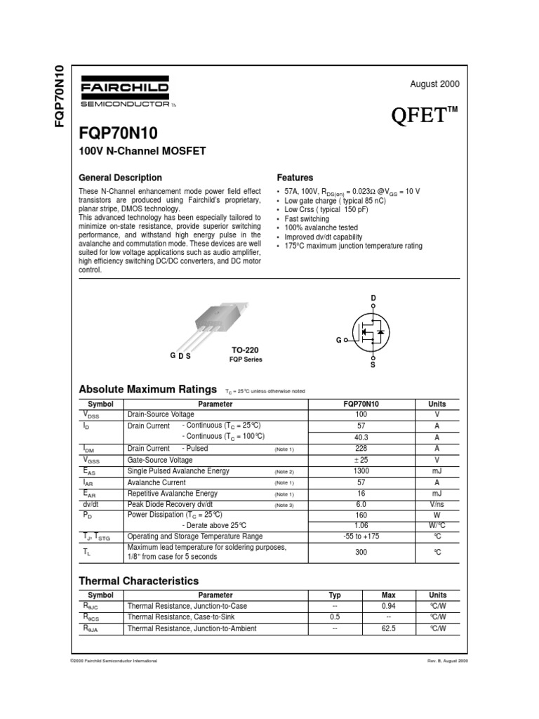 FQP 70 N 10 | PDF | Field Effect Transistor | Mosfet