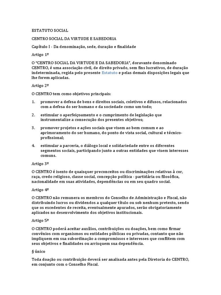Estatuto do Centro Social da Virtude | PDF