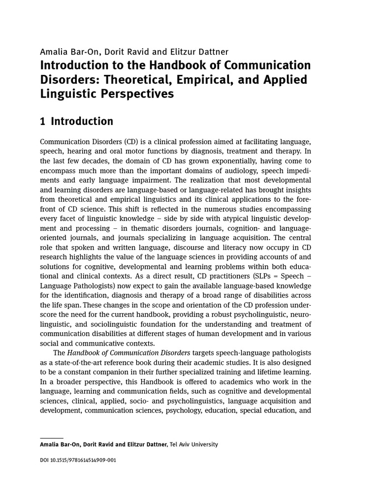 Introduction To The Handbook Of Communication Disorders Theoretical
