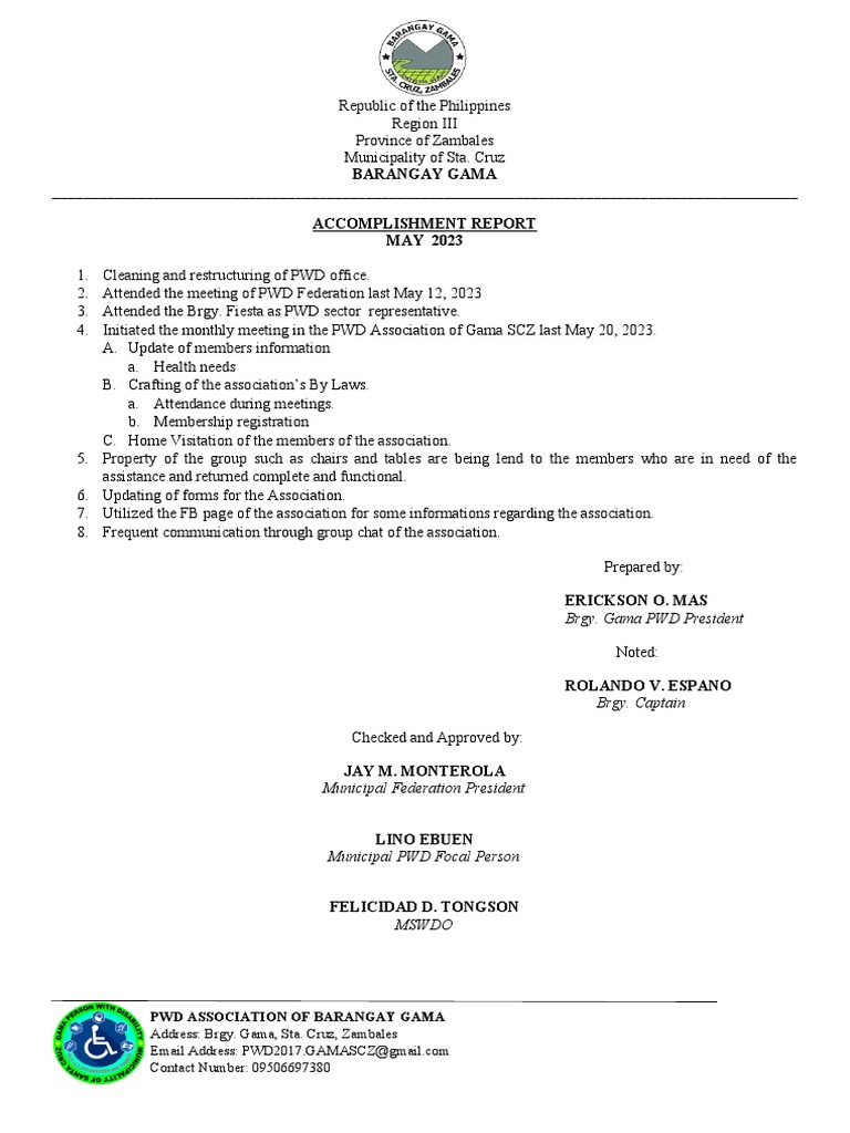 PWD Association Gama Accomplishment Report | PDF
