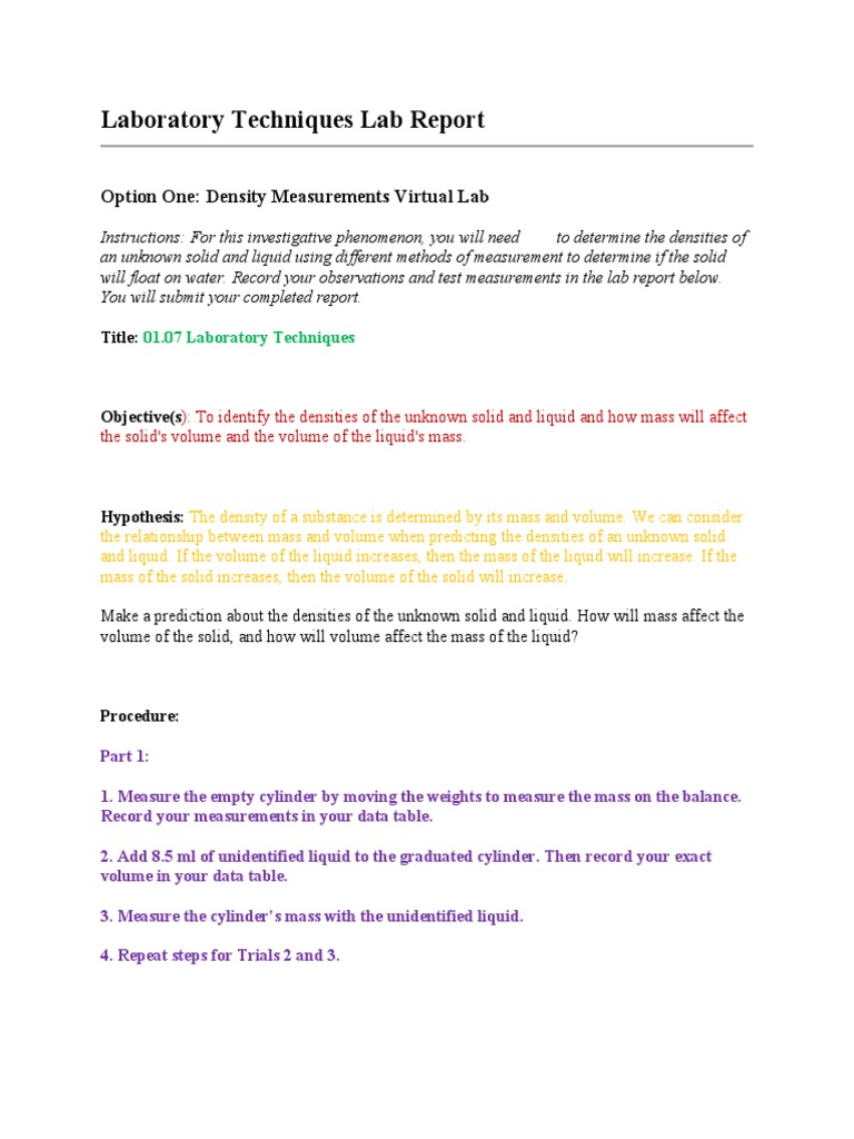 Laboratory Techniques Option One Report Solved | PDF | Density | Volume