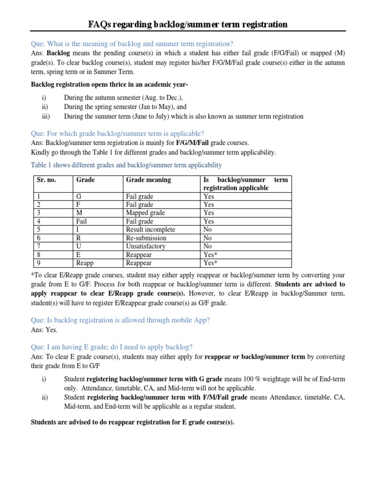 Backlog and Summer Term Registration FAQs | PDF | Thesis