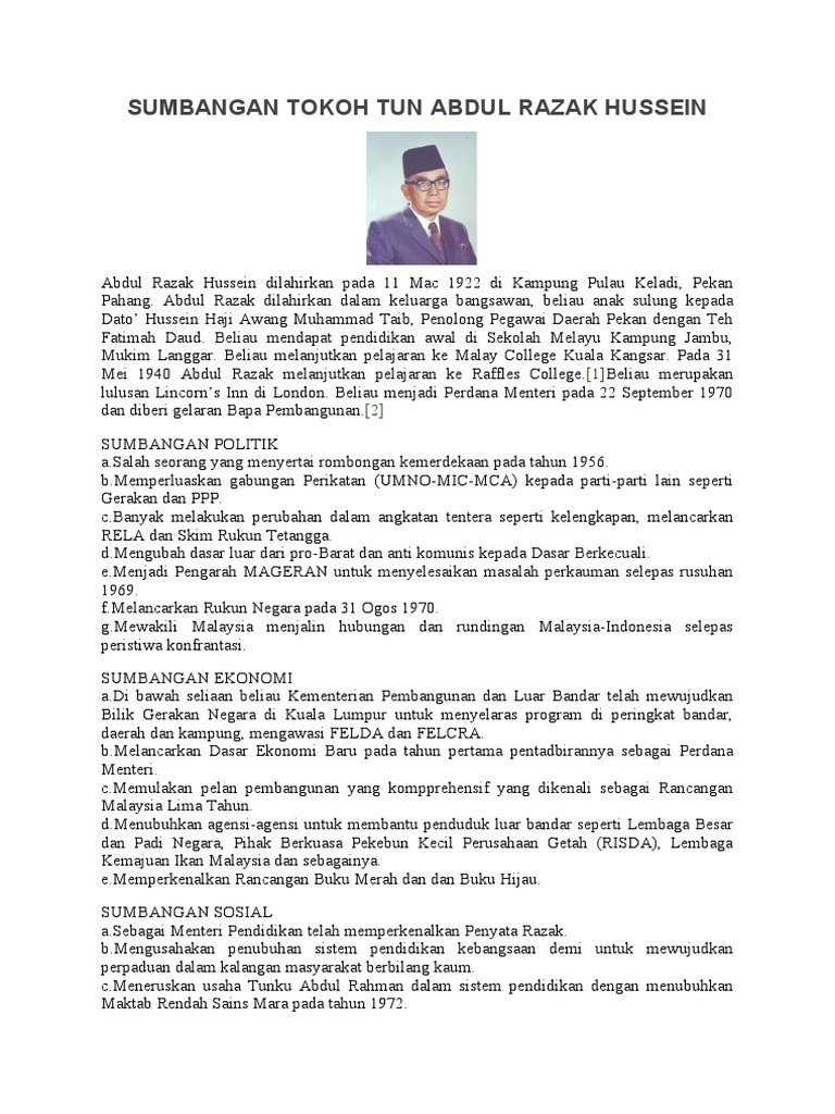 Sumbangan Tokoh Tun Abdul Razak Hussein | PDF Sumbangan Tokoh Tun Abdul Razak Hussein | PDF