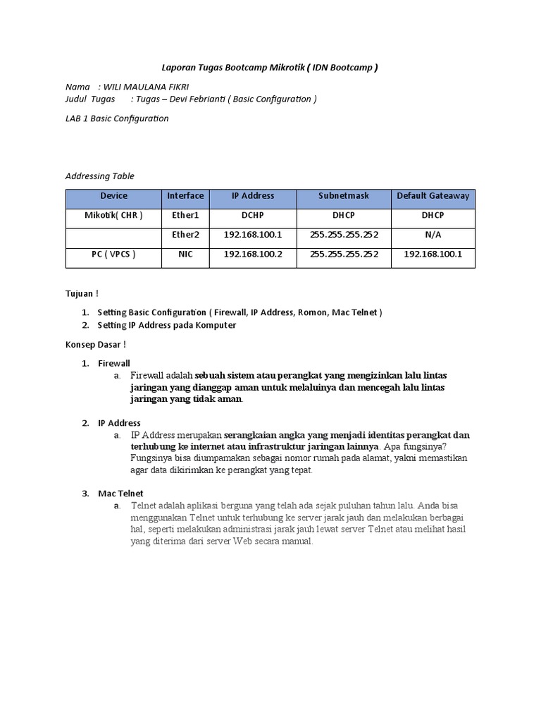 Tugas Mikrotik Bootcamp - Basic Config | PDF