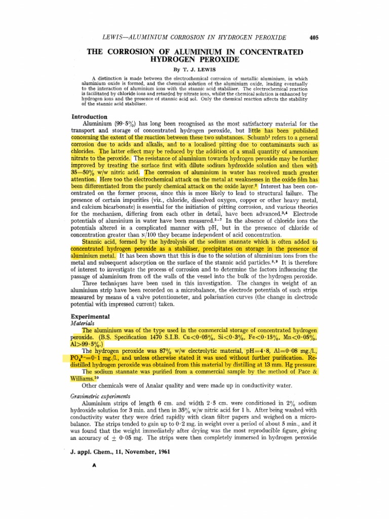 The Corrosion Of Aluminium In Concentrated Hydrogen Peroxide Pdf 6582