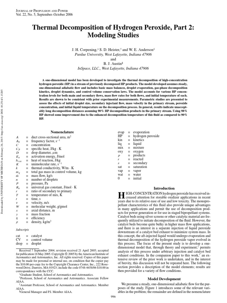 Thermal Decomposition of Hydrogen Peroxide, Part 2 Modeling Studies ...