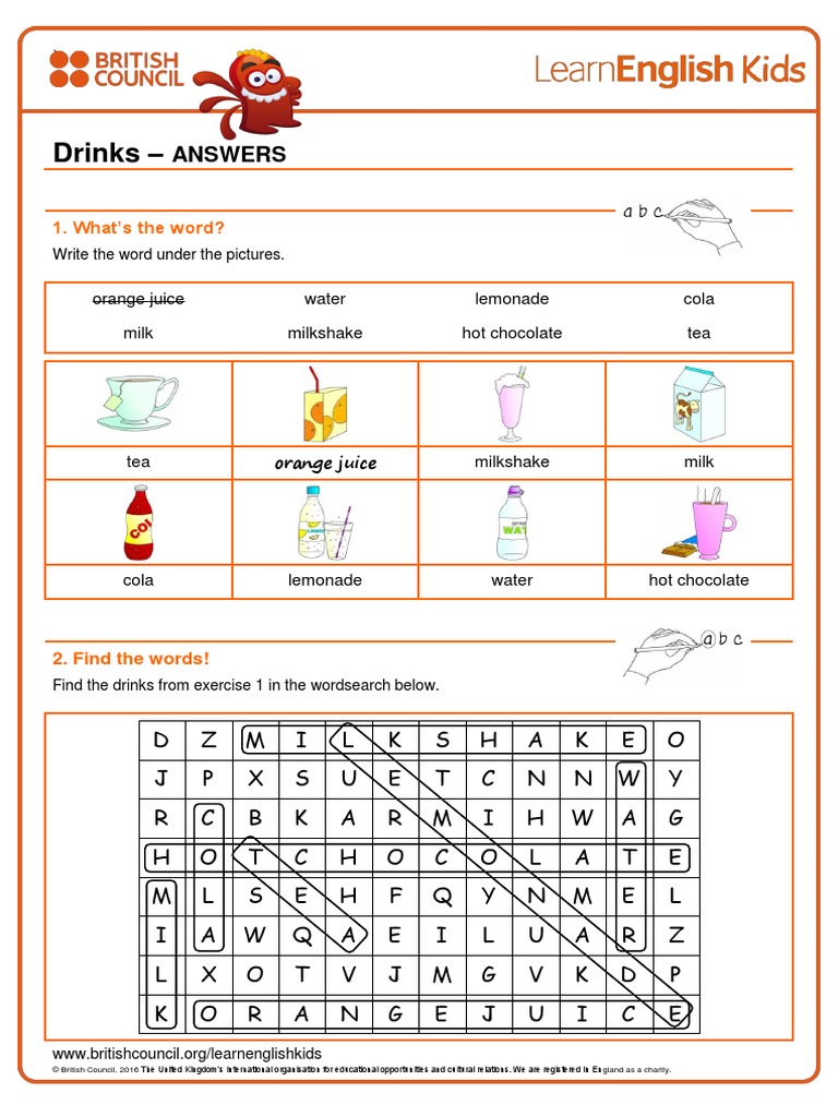 Drinks Worksheet Answers for Kids | PDF | Drink | Food And Drink