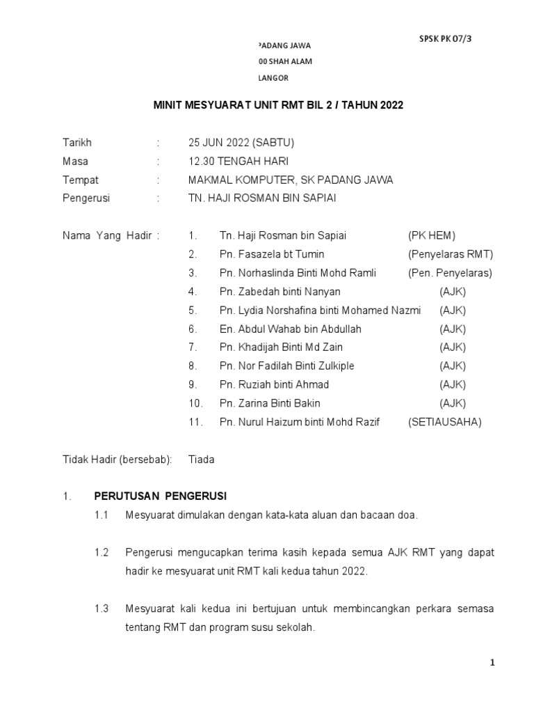 Minit Mesyuarat Unit RMT Bil 2:2022 | PDF