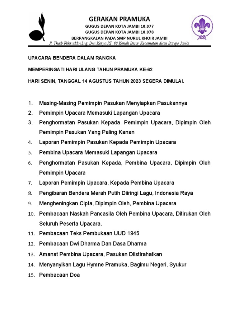Susunan Upacara Hari Pramuka 2023 | PDF