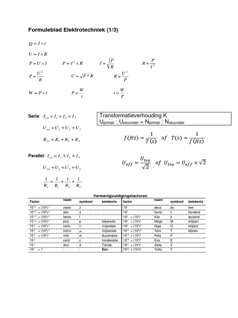 Formuleblad Elektro Klas 1 | PDF
