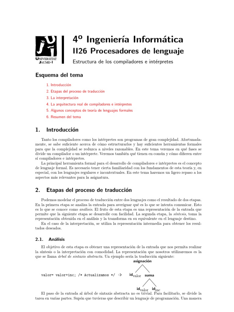 4 Ingenier Ia Inform Atica: o II26 Procesadores de Lenguaje | PDF | Compilador | Lenguaje de ...