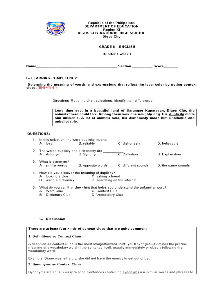 Eng8 Q1 W1 Finalized | PDF