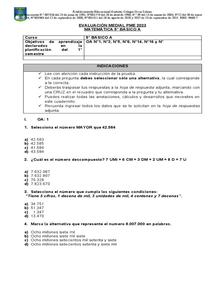 Formato Evaluación Pme 5° Basico A | PDF