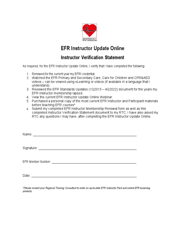 EFR Instructor Update Online - Verification Statement | PDF