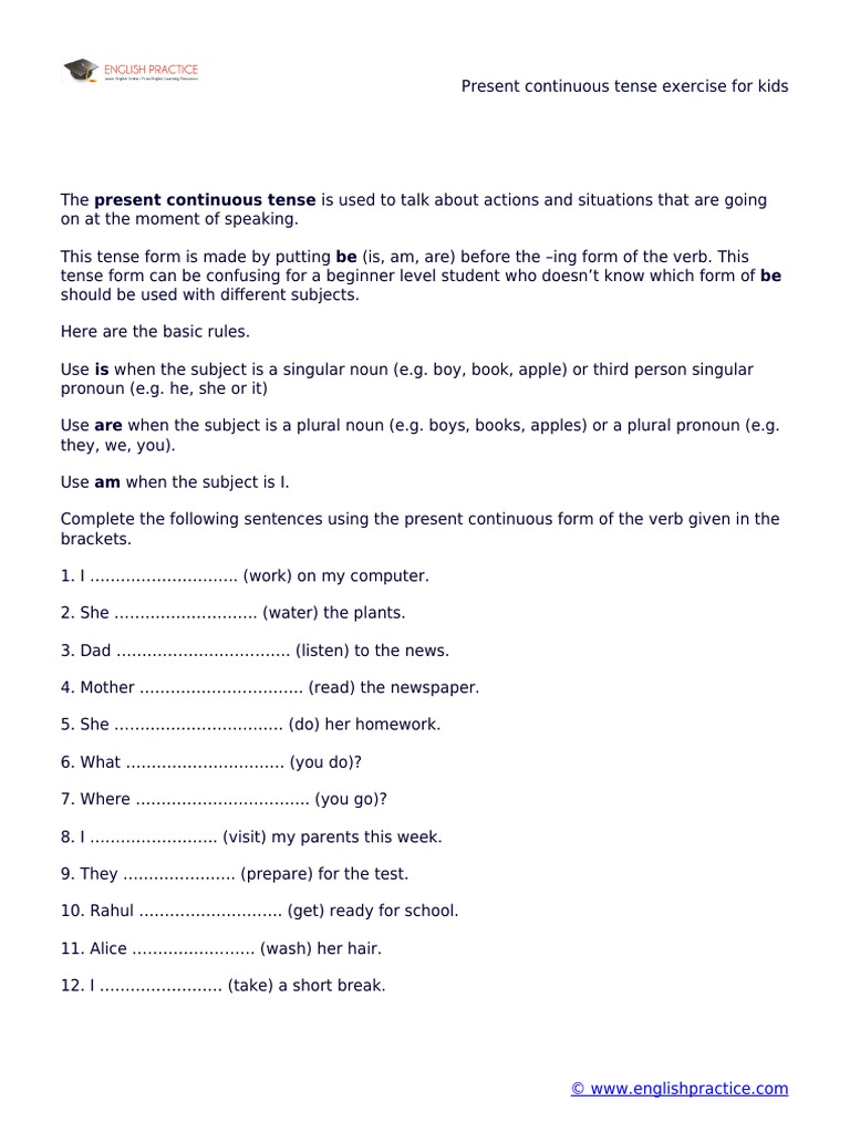 Present Continuous Tense Exercise For Kids | PDF