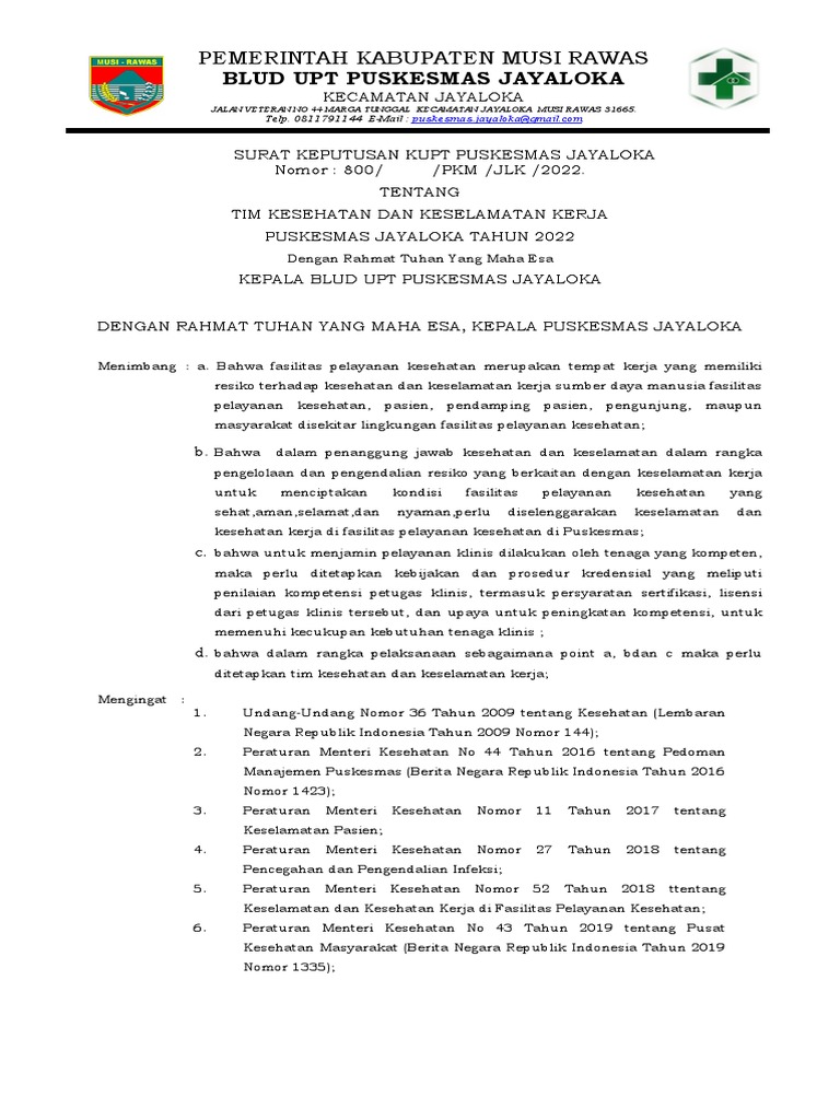 Tim K3 Puskesmas Jayaloka 2022 | PDF