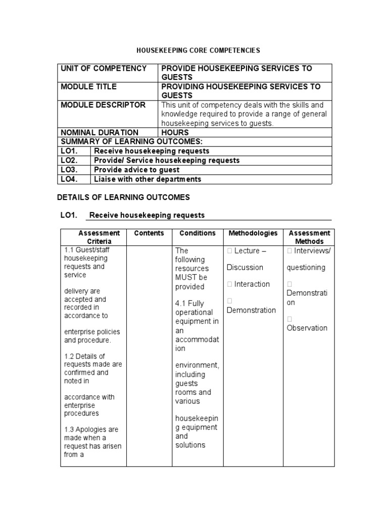 CBC Housekeeping | PDF | Laundry | Educational Assessment