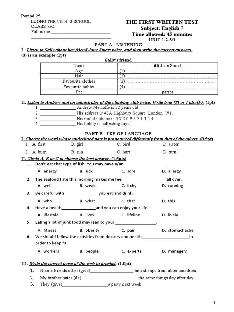 The First Written Test Subject: English 7 Time Allowed: 45 Minutes | PDF