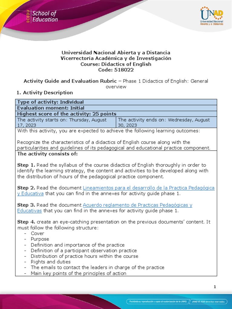 Activity Guide And Evaluation Rubric Phase 1 Didactics Of English