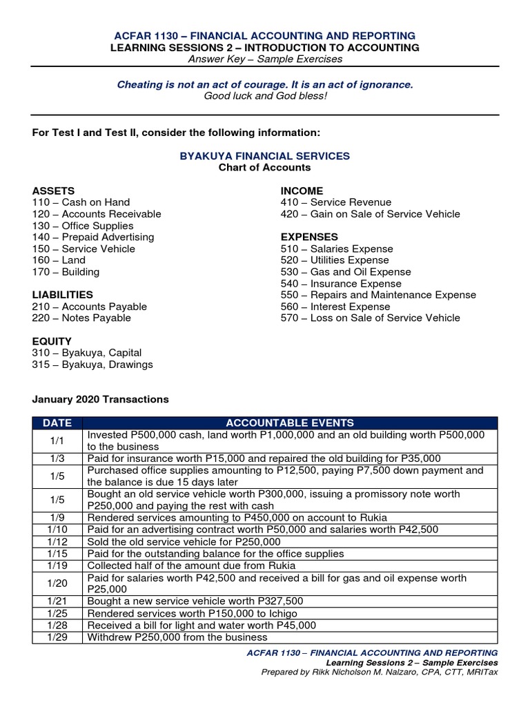 2 Introduction To Accounting Sample Exercises - Answer Key | PDF