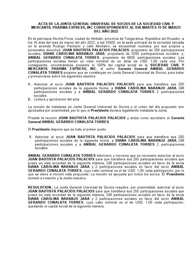Acta de La Junta General Universal de Socios de La Sociedad Civil y ...