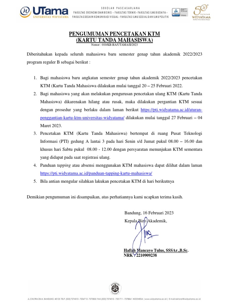 Pengumuman Pencetakan Kartu Tanda Mahasiswa (KTM) (1) | PDF