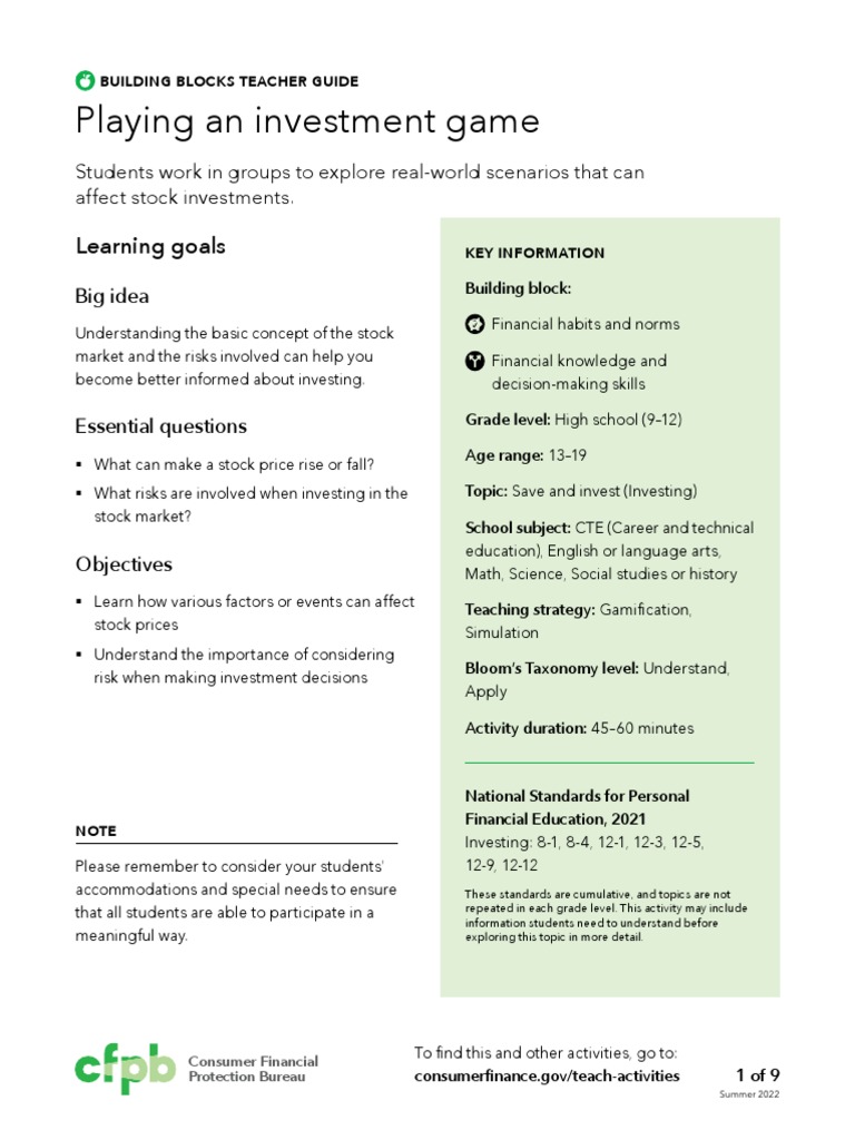 CFPB Building Block Activities Playing-Investment-Game Guide | PDF