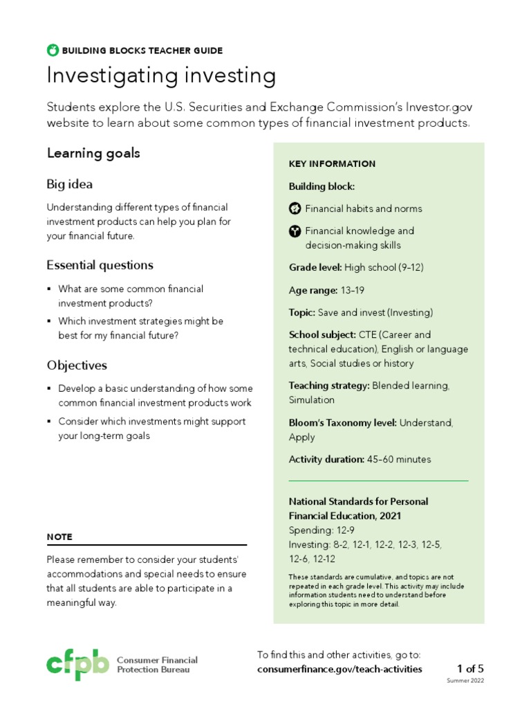 CFPB Building Block Activities Investigating-Investing Guide | PDF