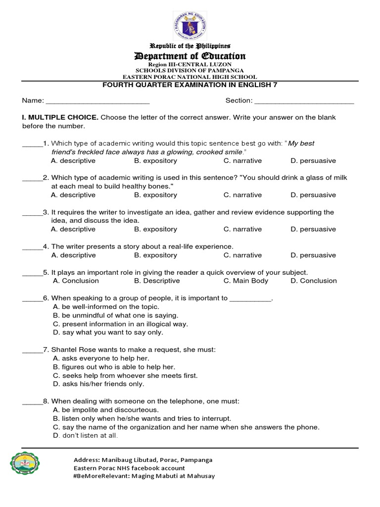 English 7 - Fourth Quarter Examination | PDF