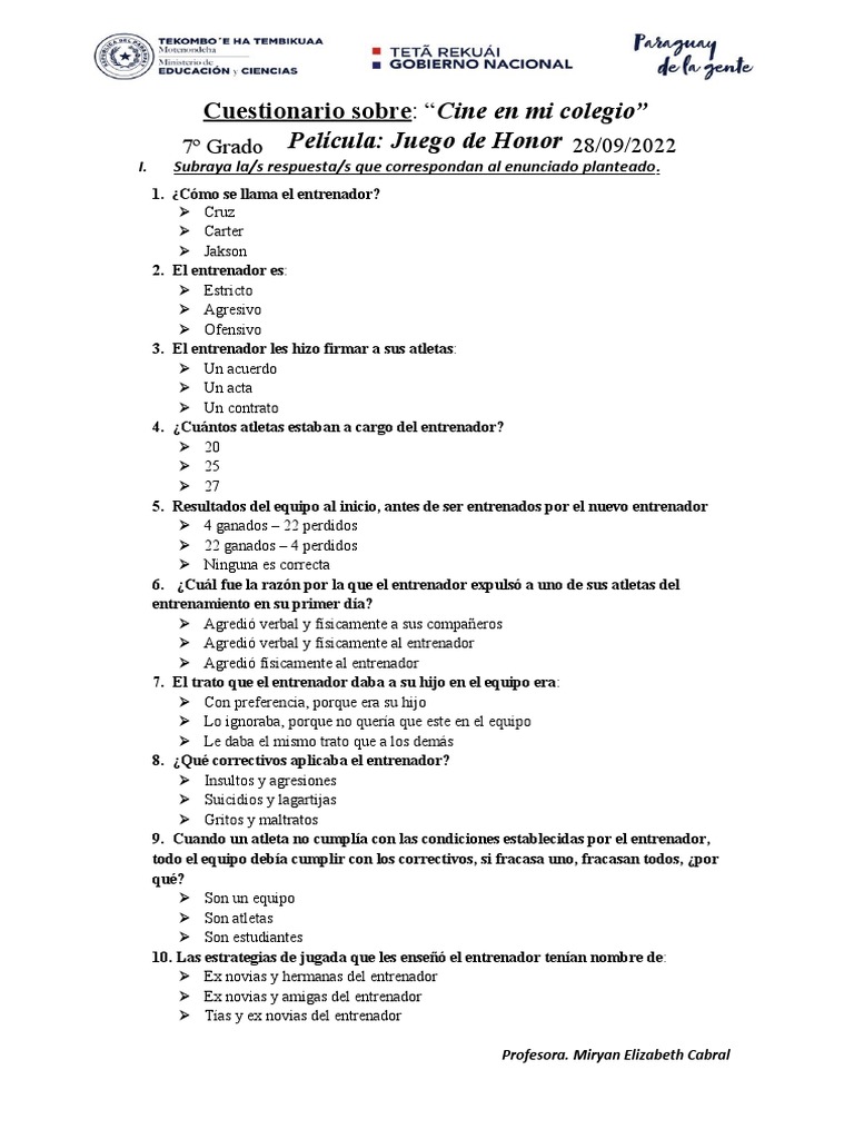 Cuestionario: Juego de Honor en Cine | PDF