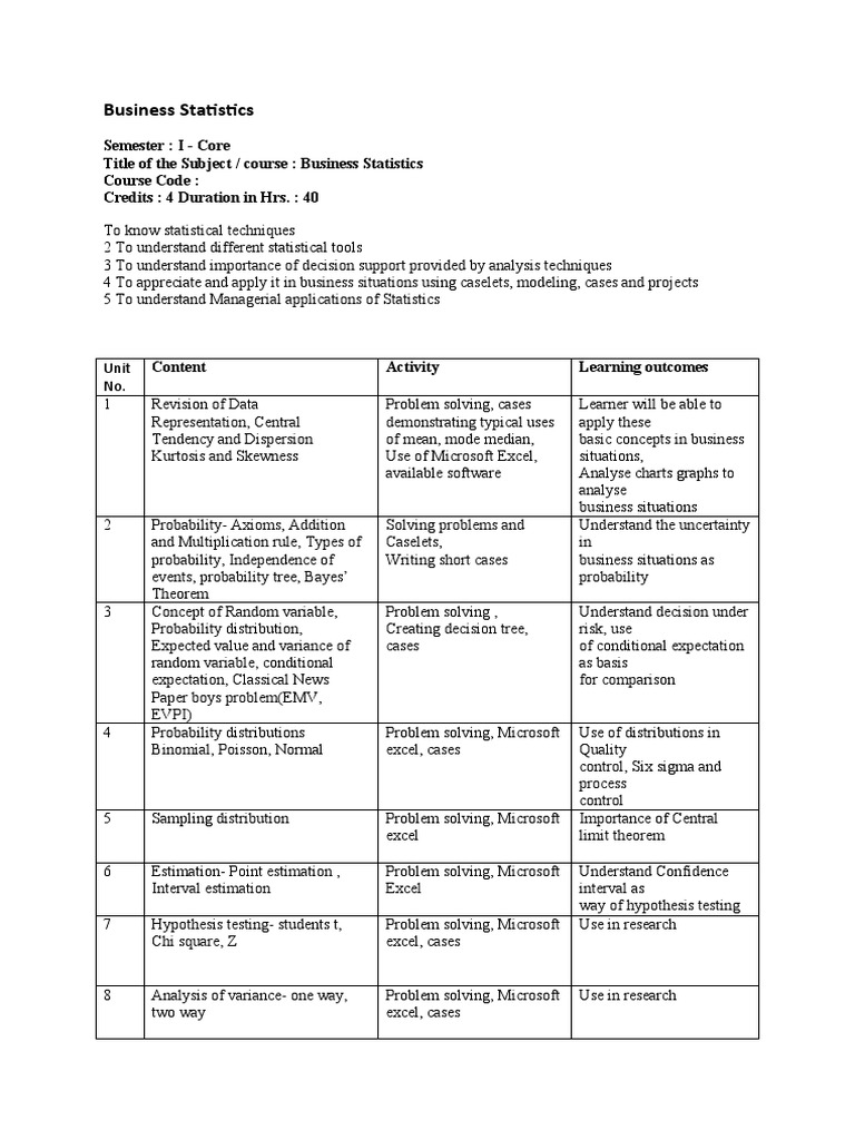 Business Statistics Course Guide | PDF | Statistics | Variance