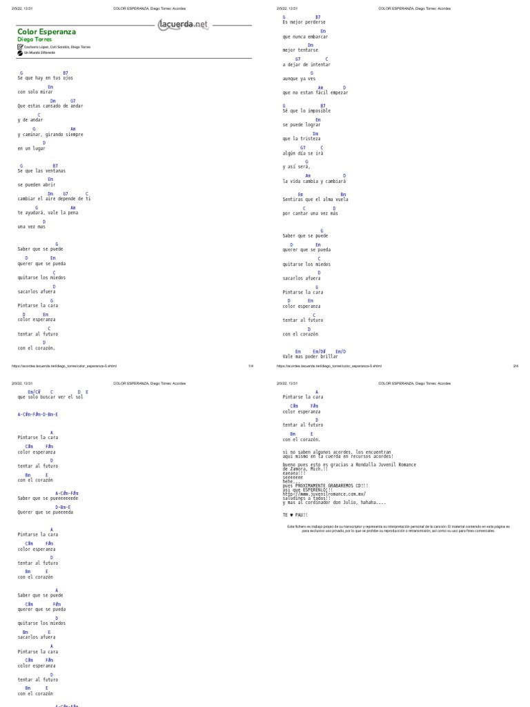 COLOR ESPERANZA, Diego Torres - Acordes | PDF