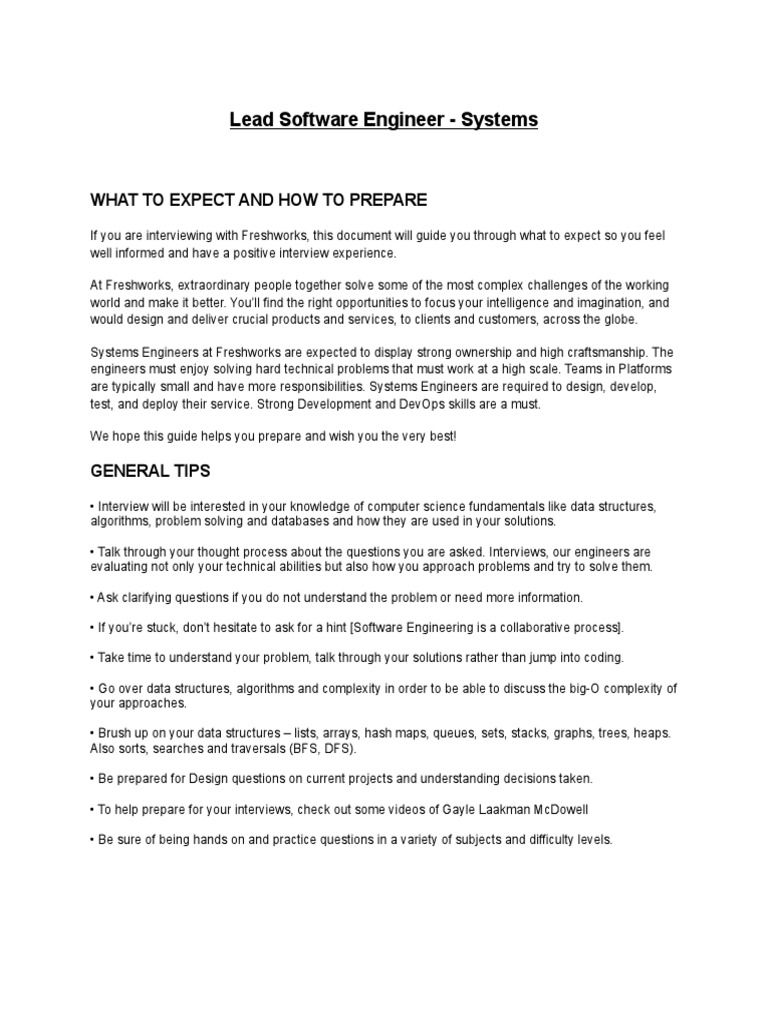 Lead Software Engineer - Systems - Interview Prep Guidelines | PDF Lead Software Engineer - Systems - Interview Prep Guidelines | PDF
