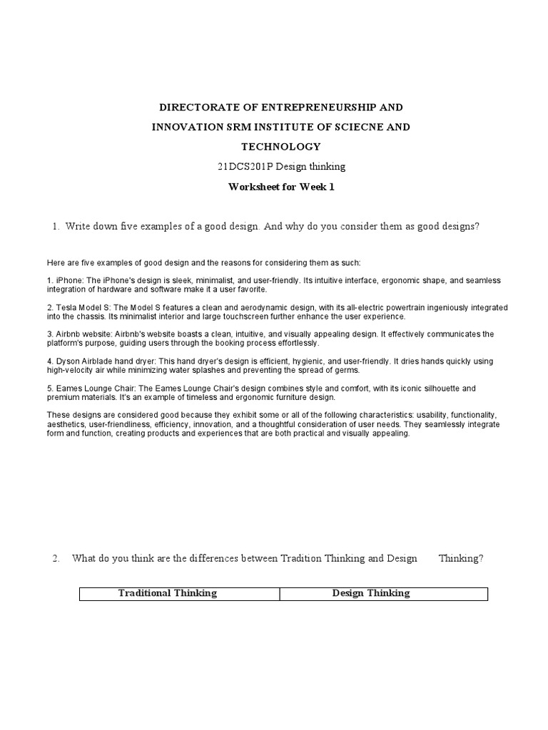 DT Worksheet - Week 1 | PDF
