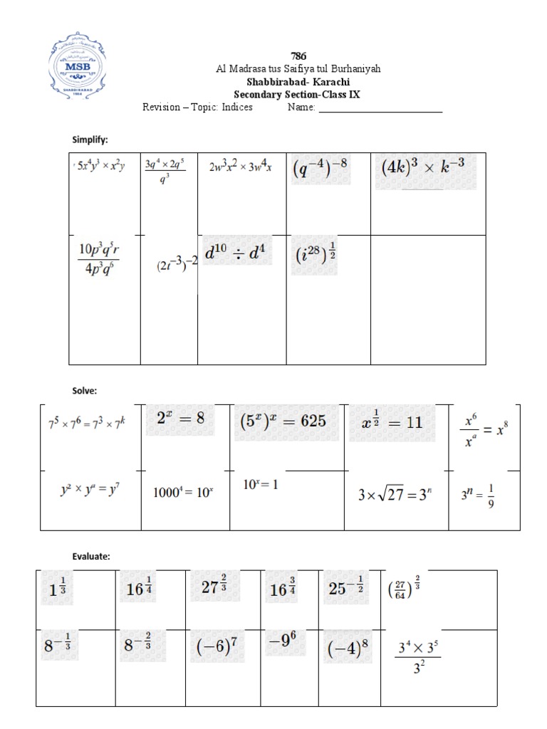 Revision Indices - Worksheet | PDF
