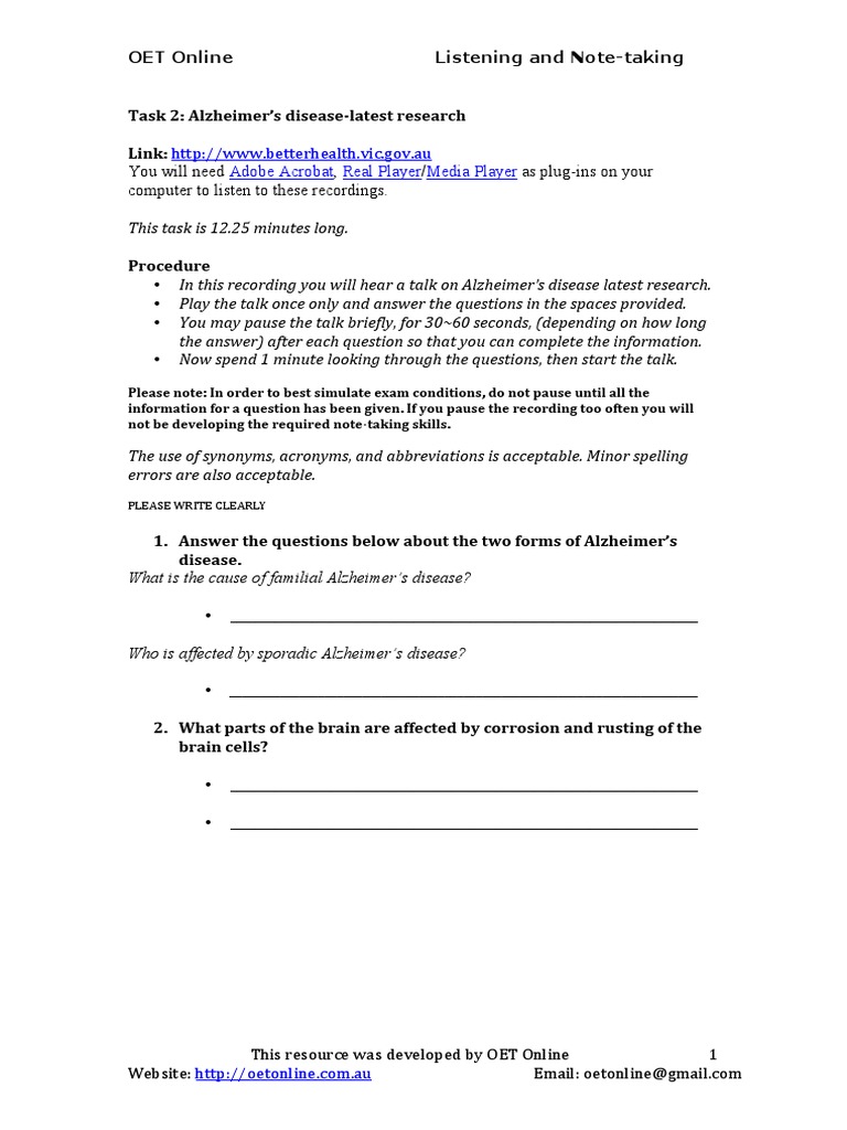 Listening Task 2 Alzheimers Disease Latest Research Oet Test Practice ...