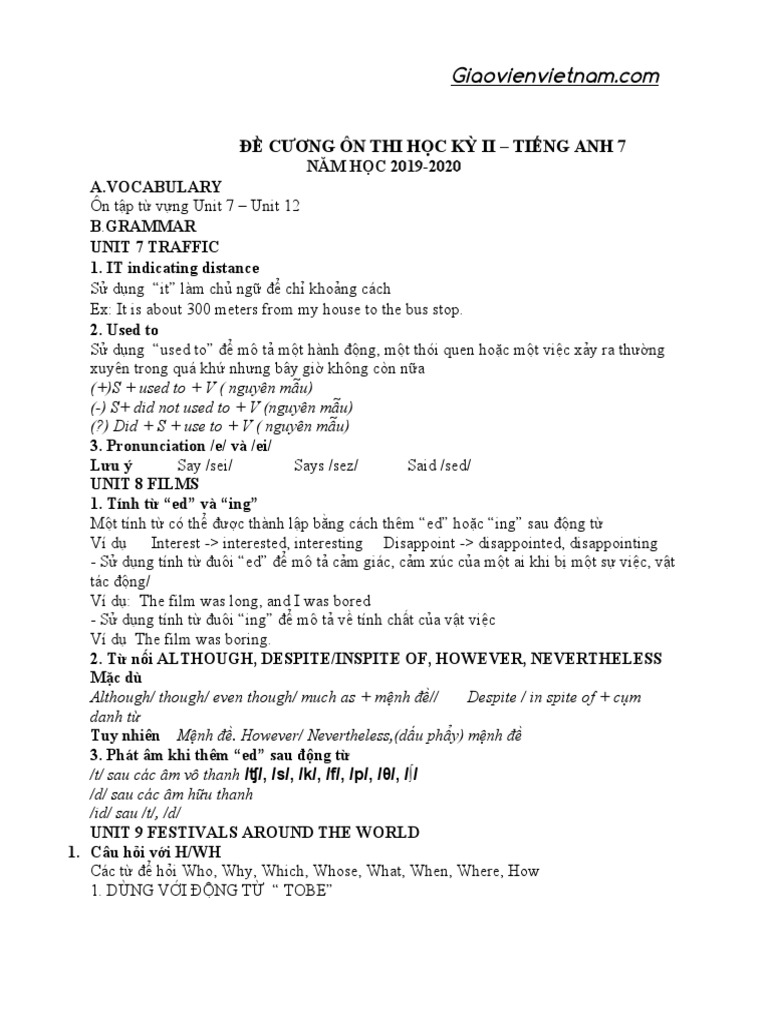 De Cuong On Thi Hoc Ki 2 Mon Tieng Anh Lop 7 Moi Nam Hoc 2019 2020 | PDF