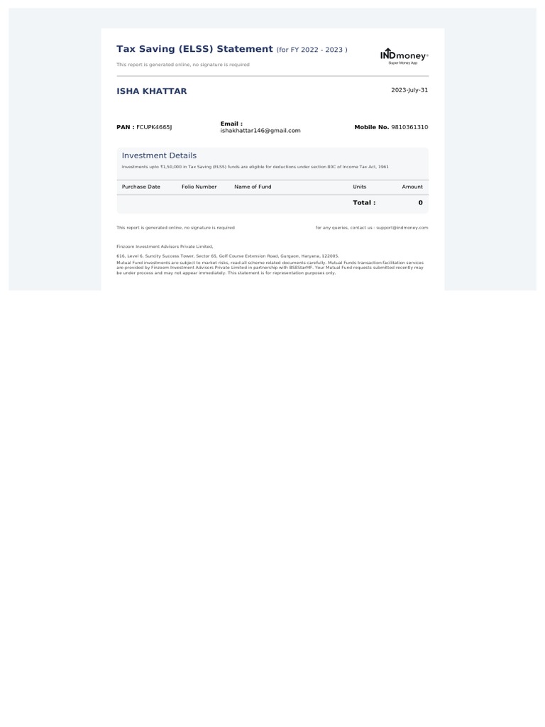 Tax Saving (ELSS) Statement: Isha Khattar | PDF