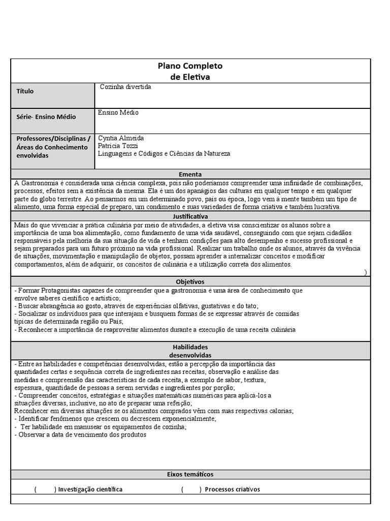 Plano Completo de Eletiva 2023 (Modelo) | PDF