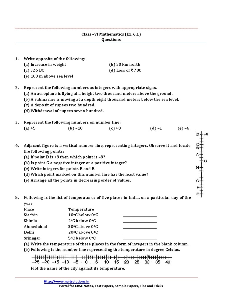 Class 6 Maths: Integers Exercises | PDF | Numbers | Integer