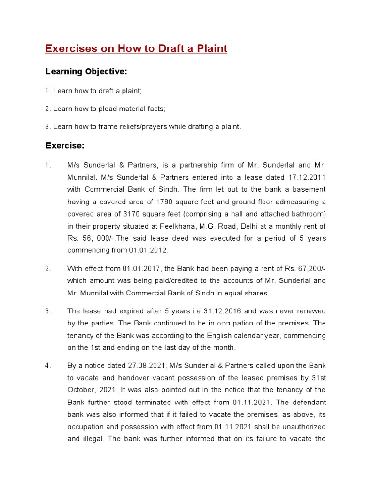 Exercise On Drafting of Plaint | PDF | Finance & Money Management | Law