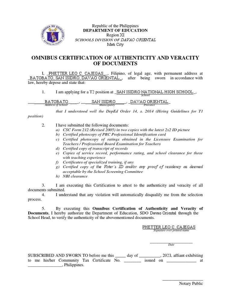 Division Memo Omnibus Certification | PDF | Authentication | Civil Law ...