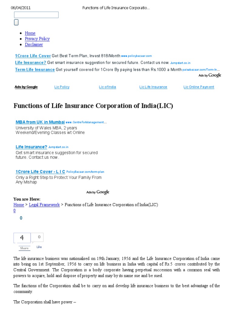 Functions of Life Insurance Corporation of LIC _ MBA Knowledge Base ...