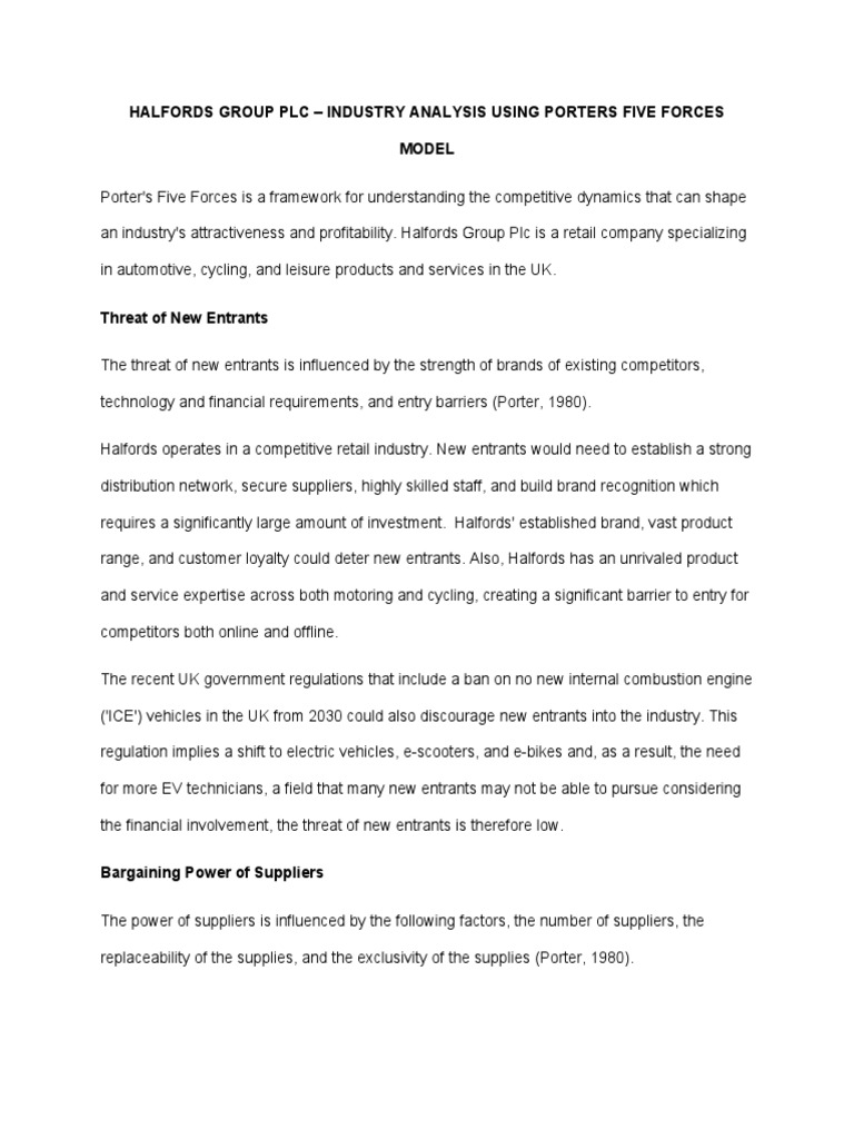 Porters Five Forces Model - Halfords | PDF | Supply Chain | Retail