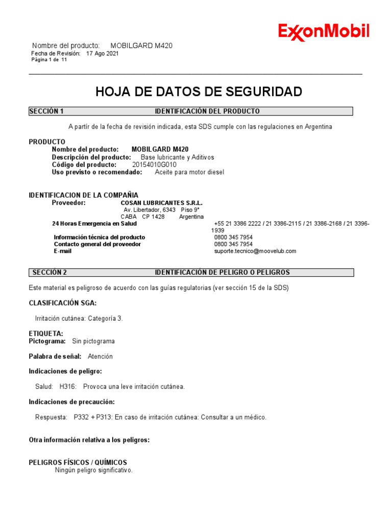 MSDS Mobilgard 420 M | PDF | Descarga electrostática | Agua