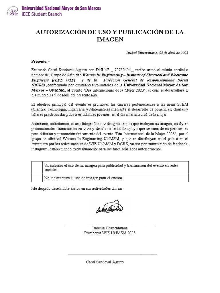 Autorización Uso de Imagen Carol Sandoval | PDF | Ciencias sociales