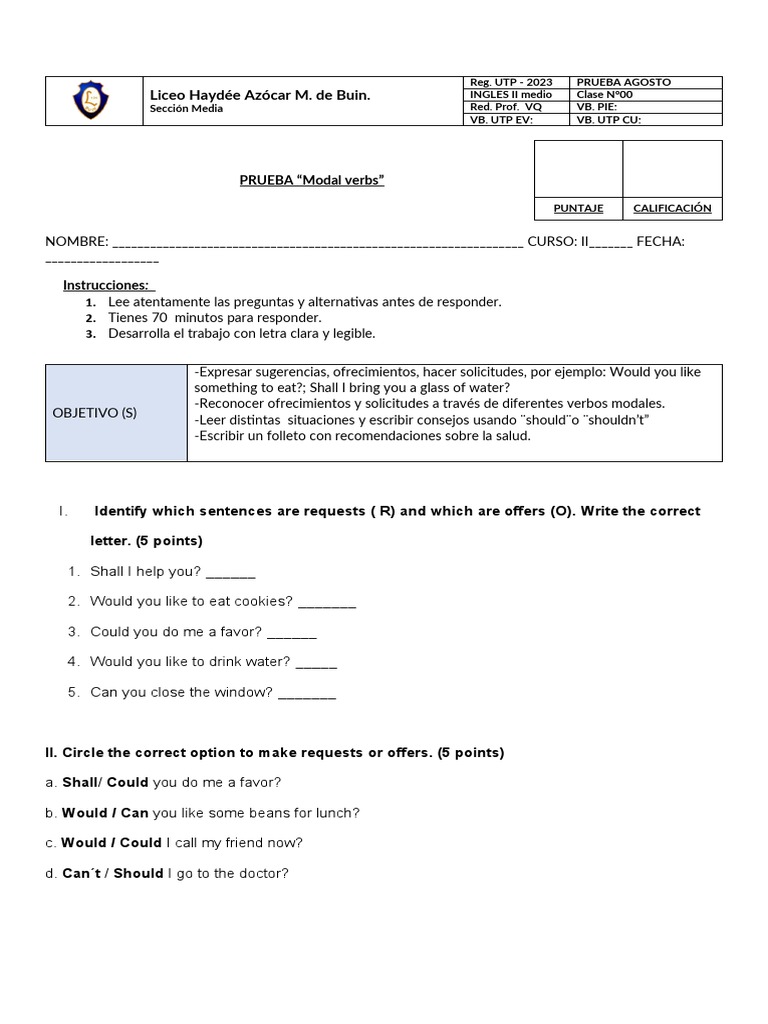 Test Modal Verbs 2 Medio - SOLANGE SANCHEZ | PDF | Linguistics